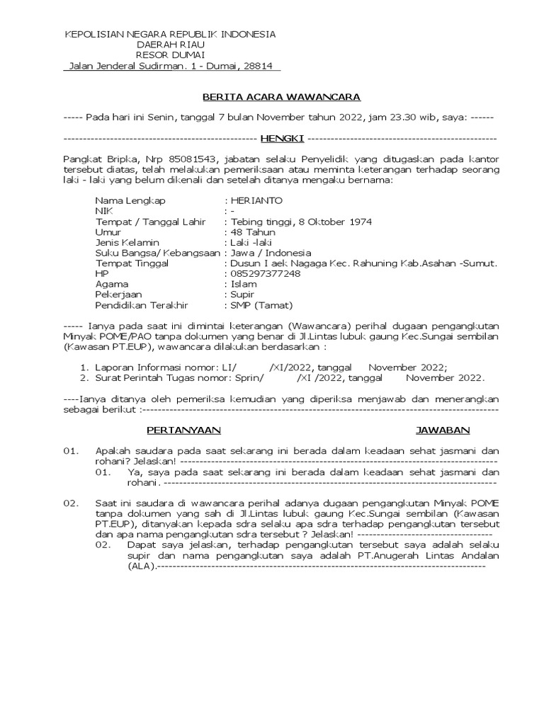 BAW Supir PT - ALA Heri | PDF