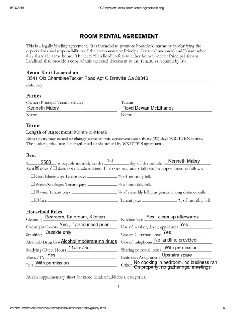 Room Rental Agreement Template | PDF
