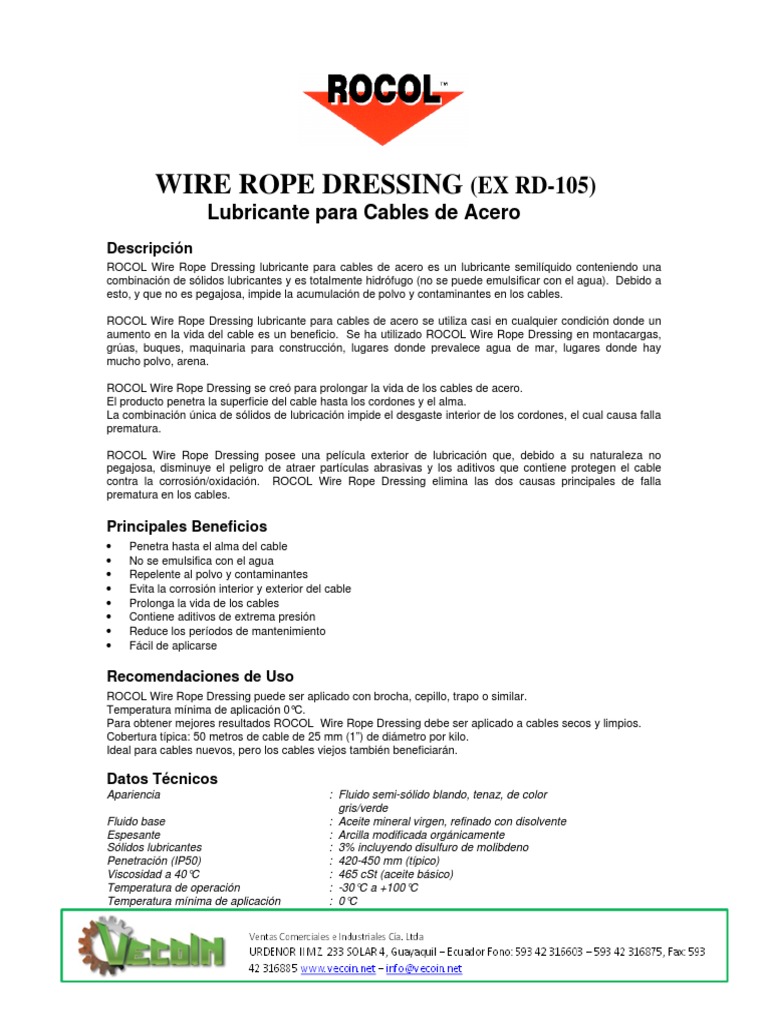 ROCOL WIRE ROPE DRESSING - Hoja - Datos | PDF | Lubricante | Acero