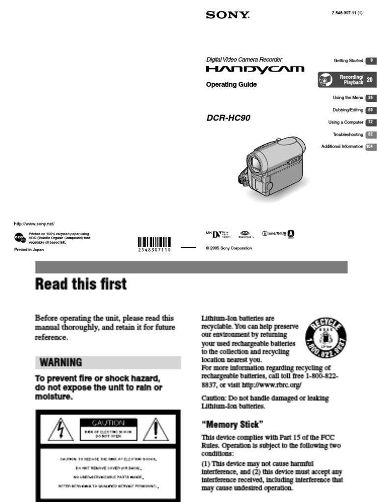 Sony DCR-HC90 Camcorder Guide | PDF | Camera | Rechargeable Battery