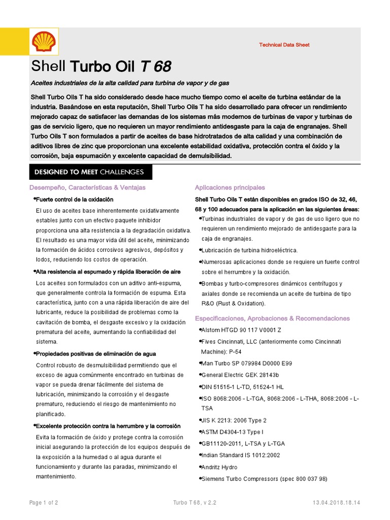 Aceite Turbina Shell Turbo T 68 | PDF | Turbocompresor | Engranaje