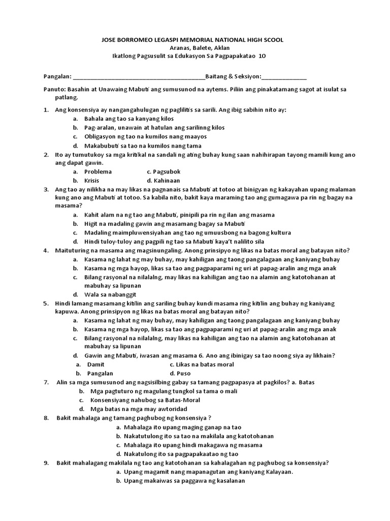 ESP 10 3rd Quarter Exam | PDF