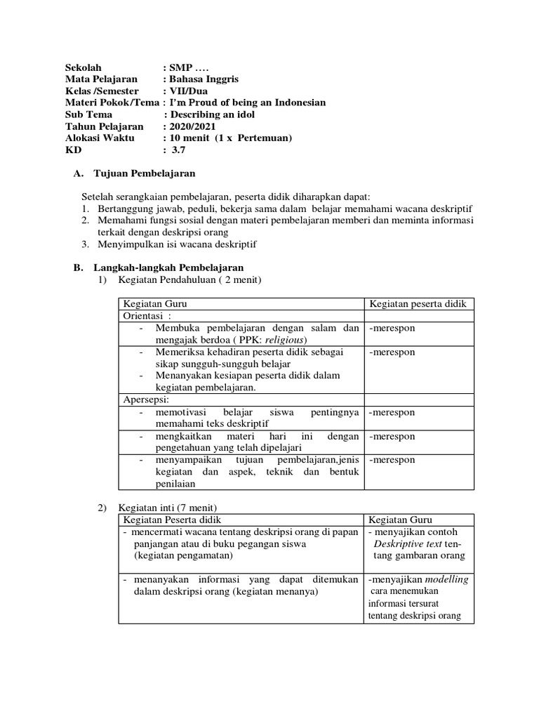 Contoh RPP Descriptive Dan Aseemen | PDF | Karier & Perkembangan