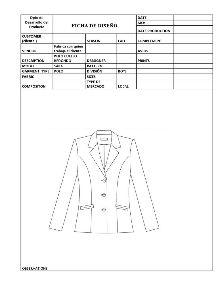 Ficha de Diseño para Saco de Dama | PDF
