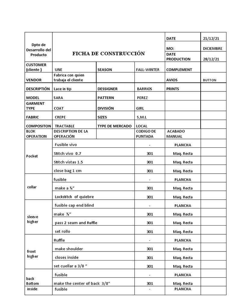 Ficha de Diseño para Saco de Dama | PDF