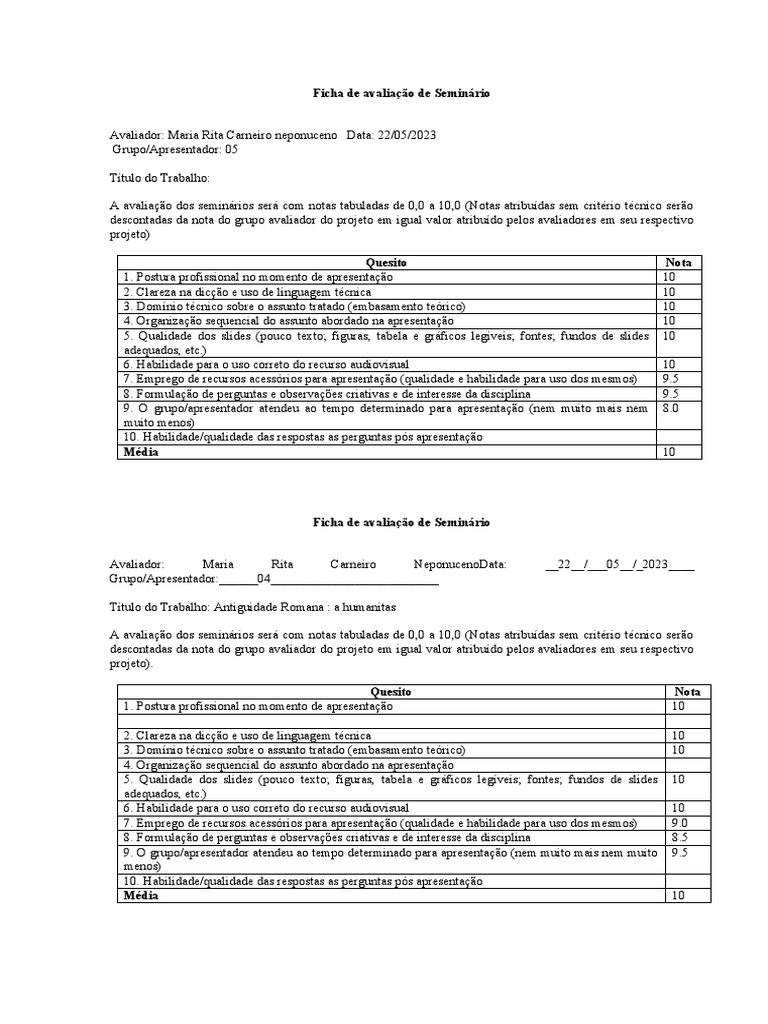 Ficha de Avaliacao de Seminario | PDF