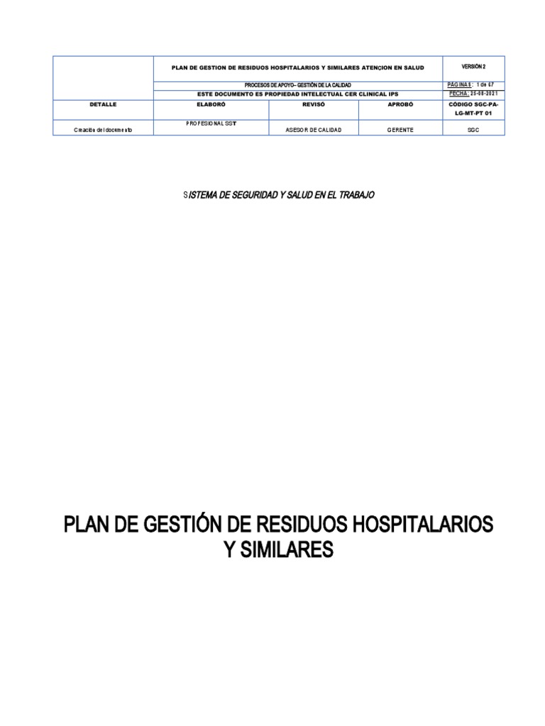 Plan de Gestion de Residuos Hospitalarios y Similares en Atencion en Salud | PDF | Residuos ...