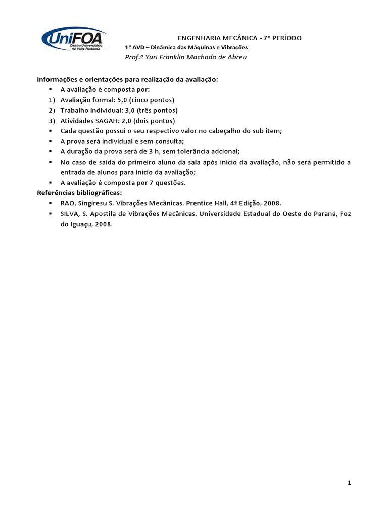 AVD1 - Dinâmica Das Máquinas e Vibrações - UNIFOA - 2021 | PDF ...