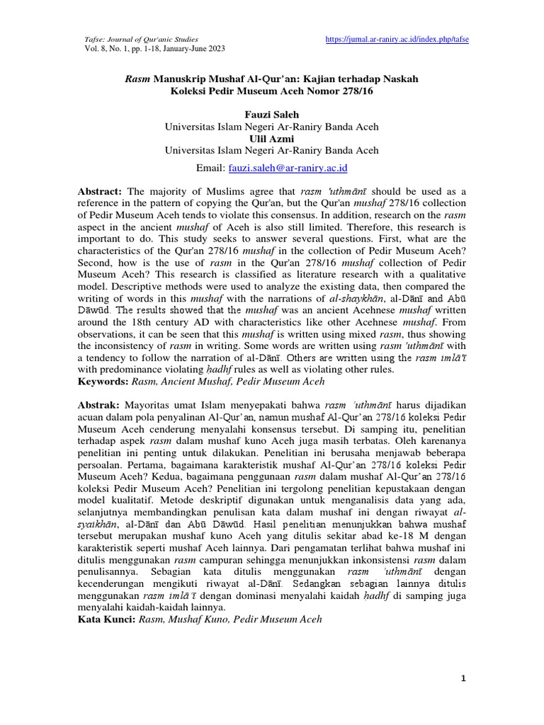 Rasm Manuskrip Mushaf Al-Qur'an: Kajian terhadap Naskah Koleksi Pedir Museum Aceh Nomor 278/16 ...