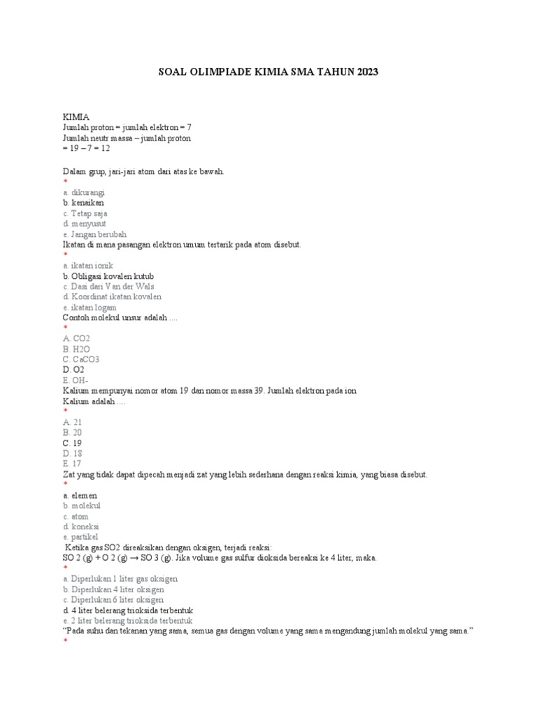 Soal Dan Jawaban Olimpiade Kimia Sma Tahun 2023 | PDF