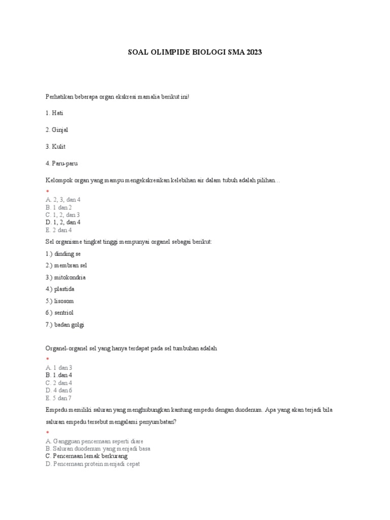 Soal Dan Jawaban Olimpide Biologi Sma 2023 | PDF | Kesehatan Holistik | Sains & Matematika