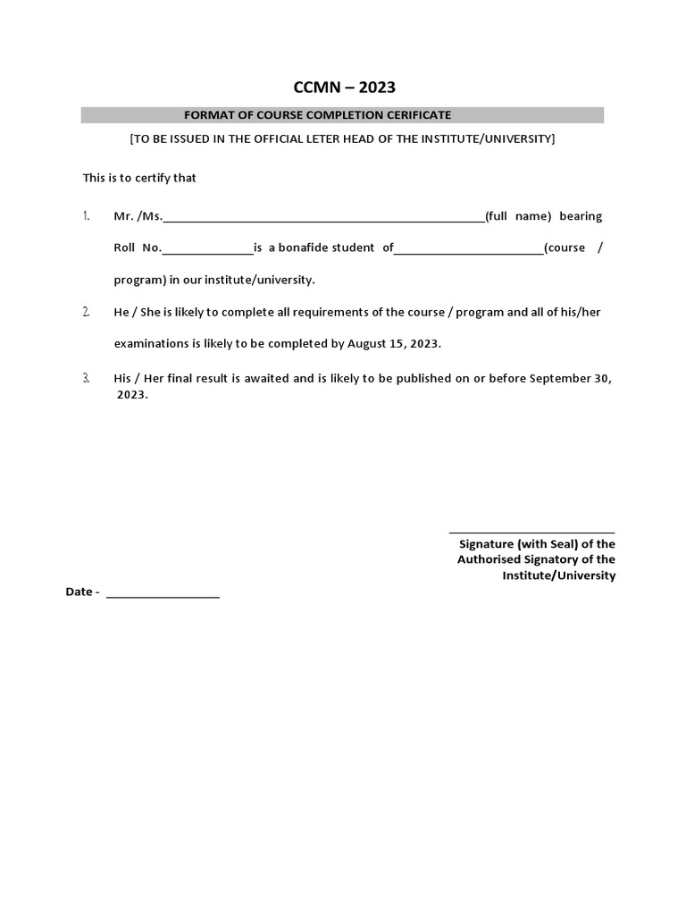 CCMN - 2023: Format of Course Completion Cerificate | PDF
