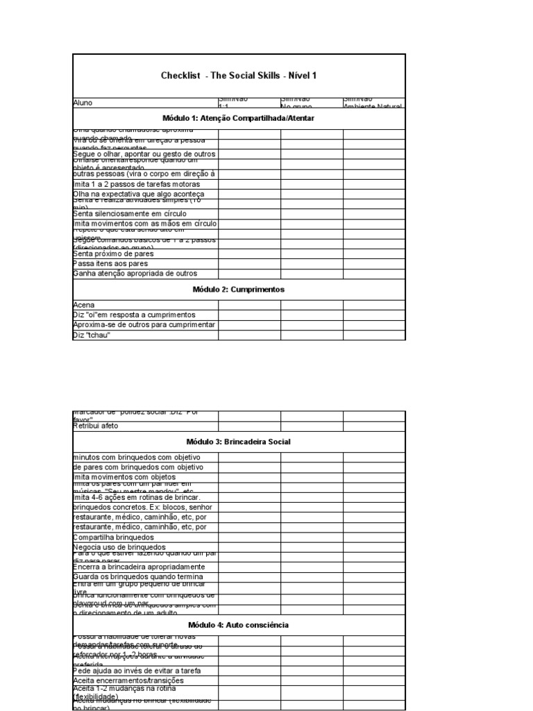 Checklist Habilidades Sociais - Nível 1 | PDF | Emoções | Pensamento