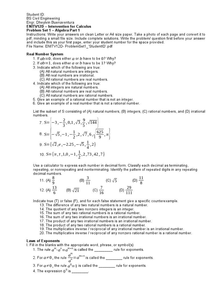 Enitv12d Problem Set 1 Pdf Numbers Rational Number