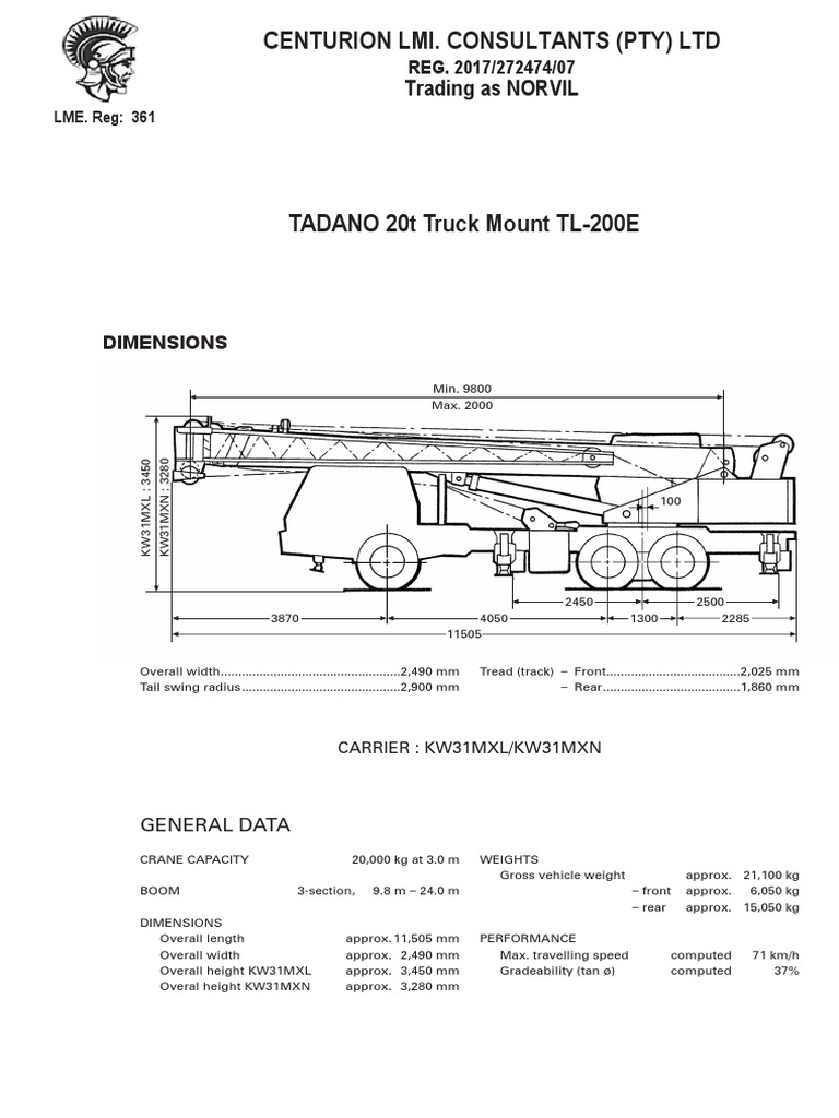 Tadano 20t Crane Specifications & Load Chart | PDF | Crane (Machine ...