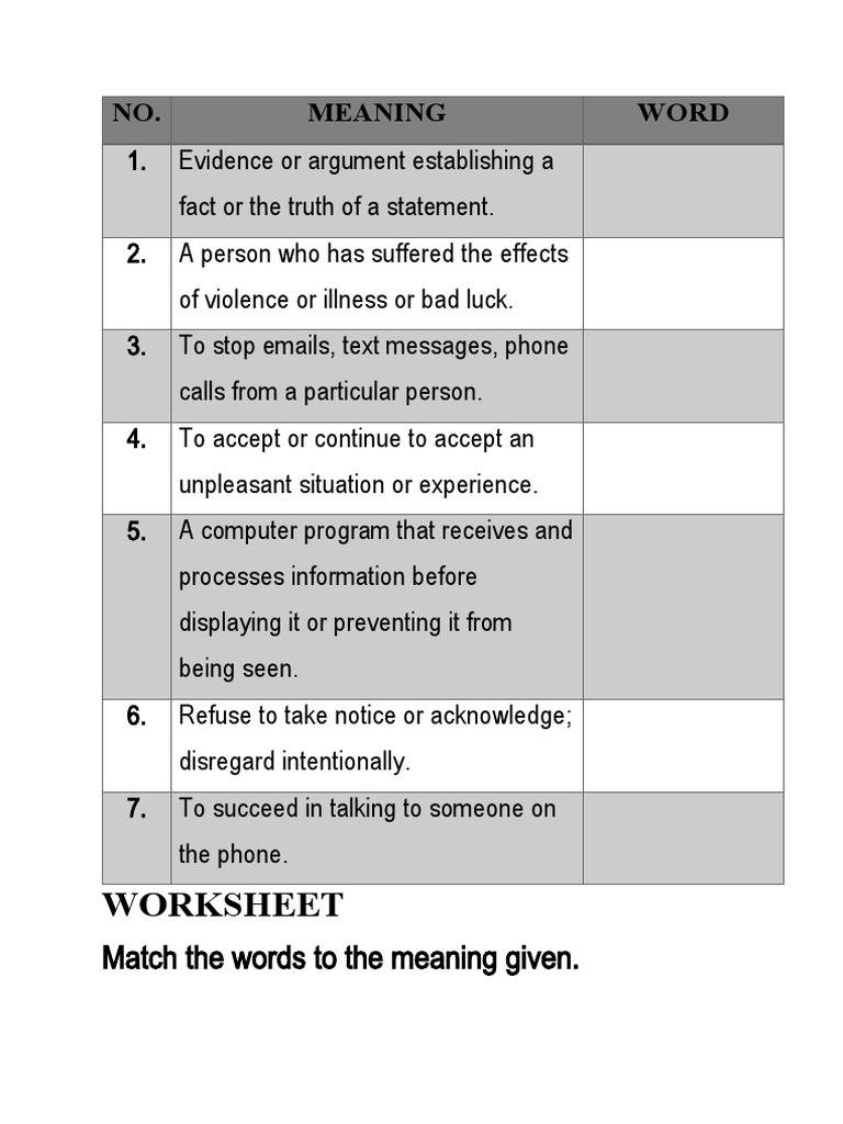 Worksheet Matching Words Meaning | PDF