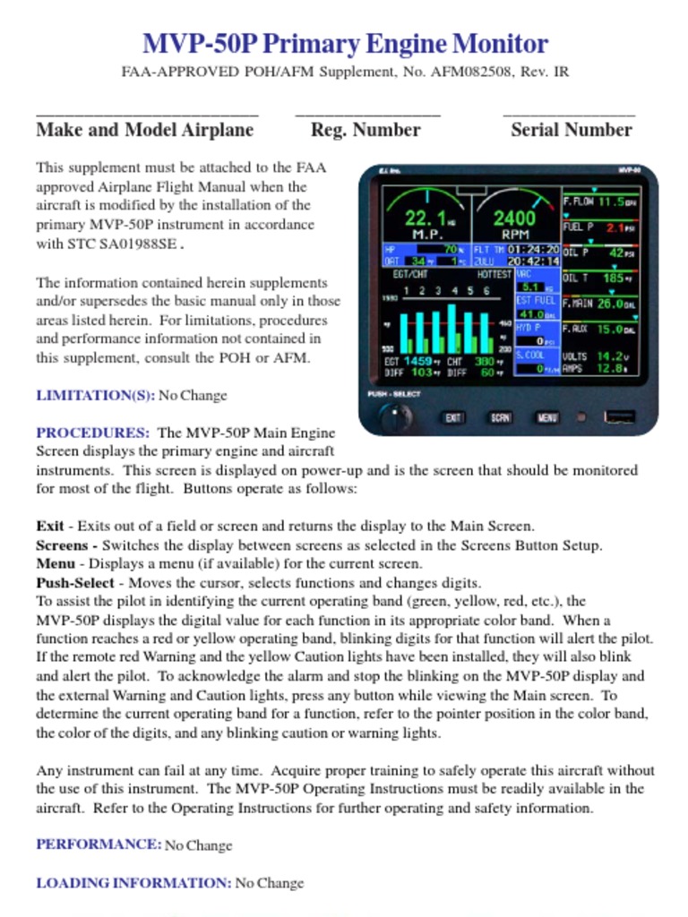 MVP-50P Engine Monitor Supplement | PDF | Computing | Aircraft