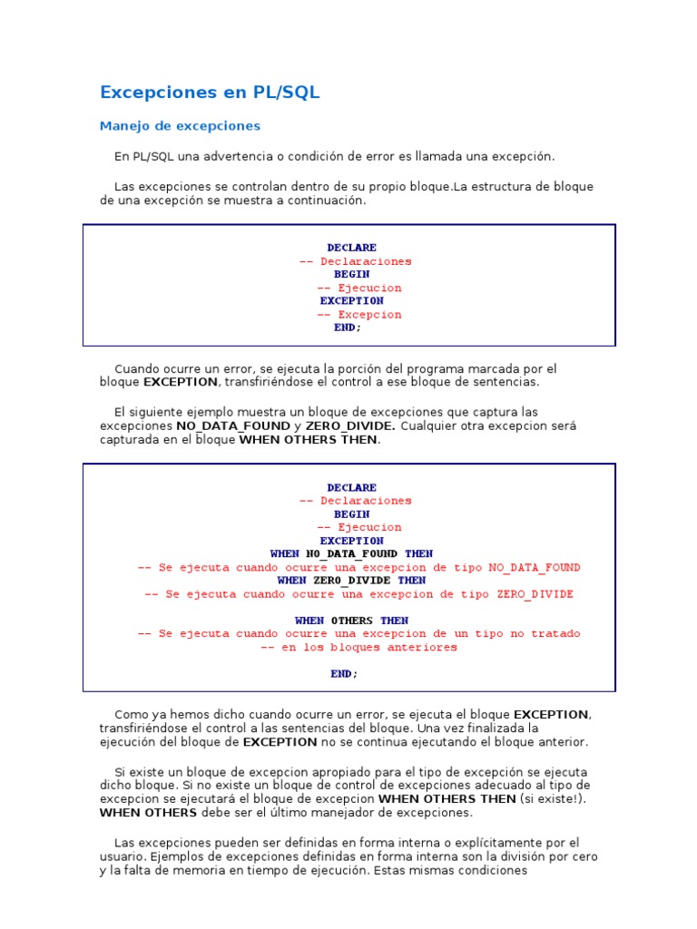 Manejo excepciones PLSQL | PDF | Pl / Sql | Programa de computadora