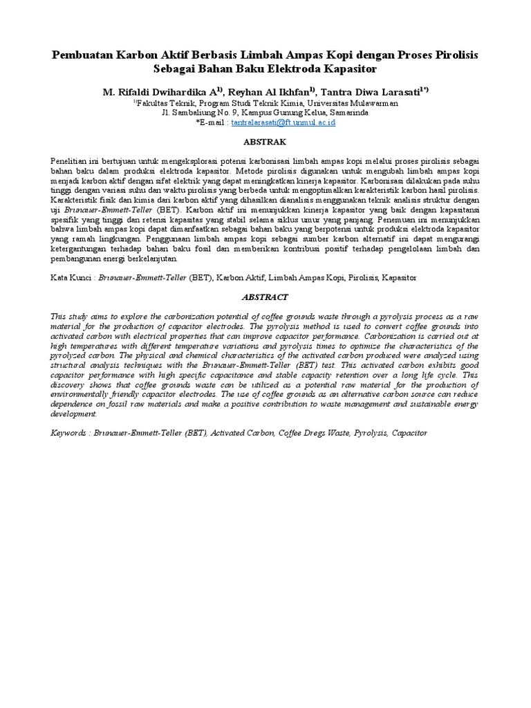 Pembuatan Karbon Aktif Berbasis Limbah Ampas Kopi dengan Proses Pirolisis Sebagai Bahan Baku ...