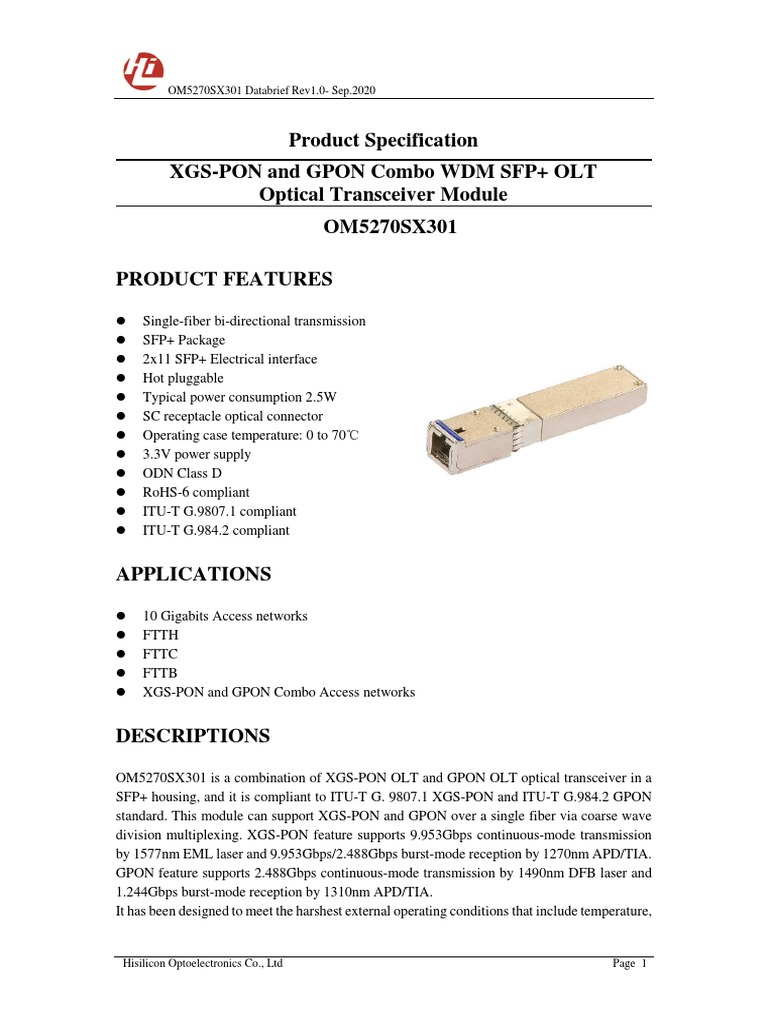 XGSPON and GPON Combo WDM SFP OLT Class D OM5270SX301 Databrief Rev10 | PDF | Wavelength ...