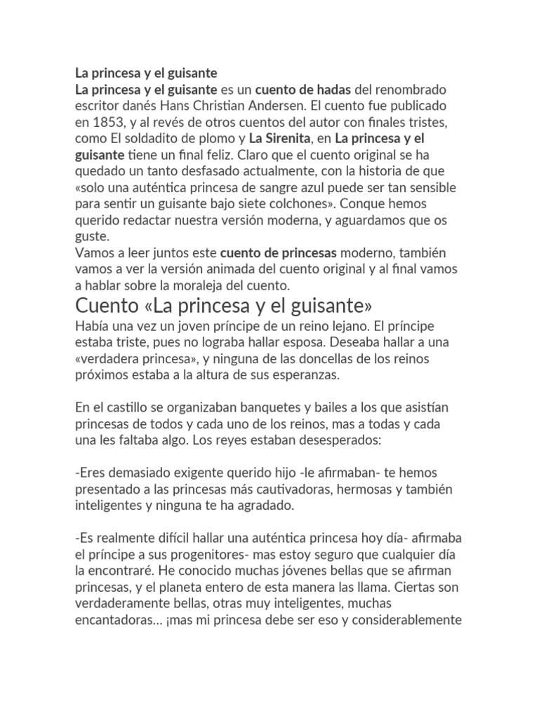 La princesa y el guisante: resumen y moraleja | PDF | Príncipe