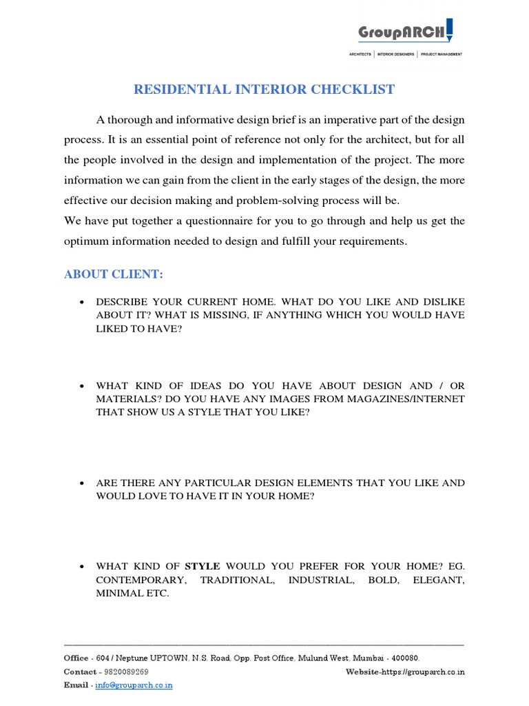 Residential Interior Checklist | PDF | Design
