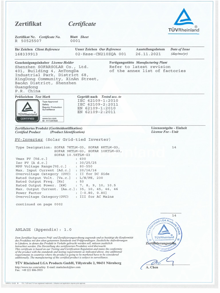 7 - 10.5KTLM-G3 - Tuv-Mark Cer | PDF