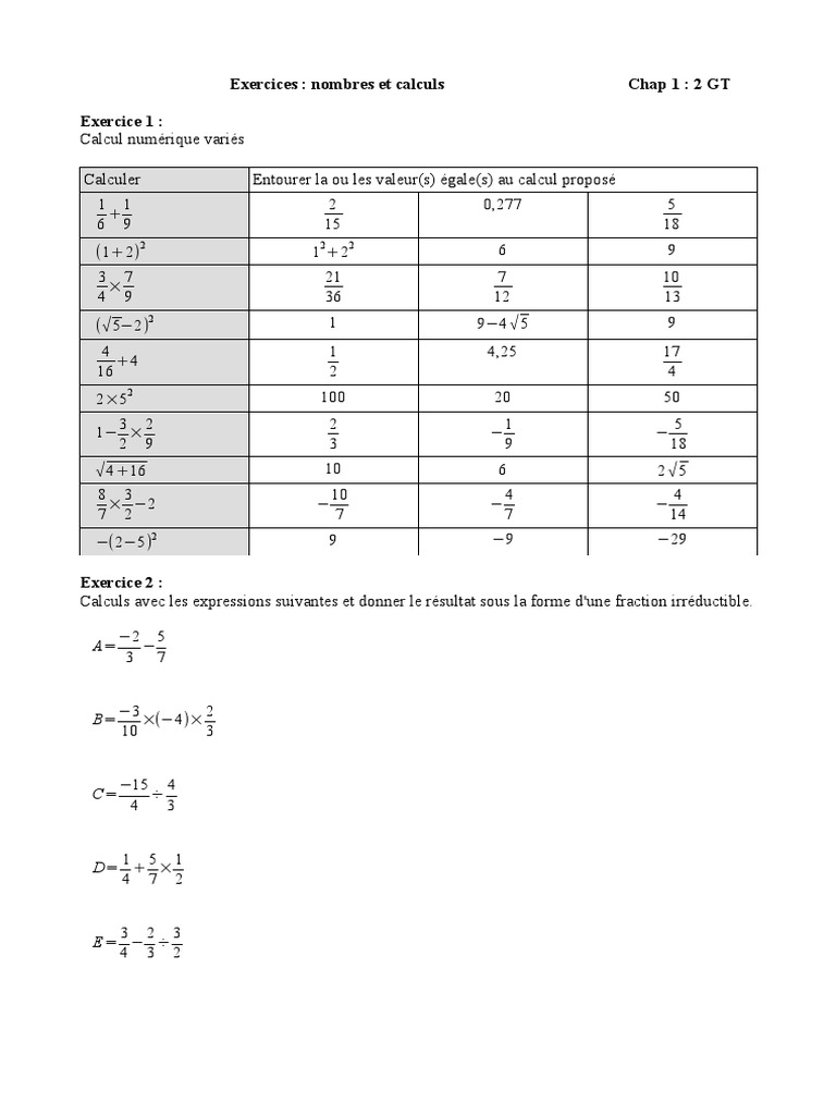 Seconde Exercices Chap1 LesNombres | PDF | Racine carrée | Nombre rationnel