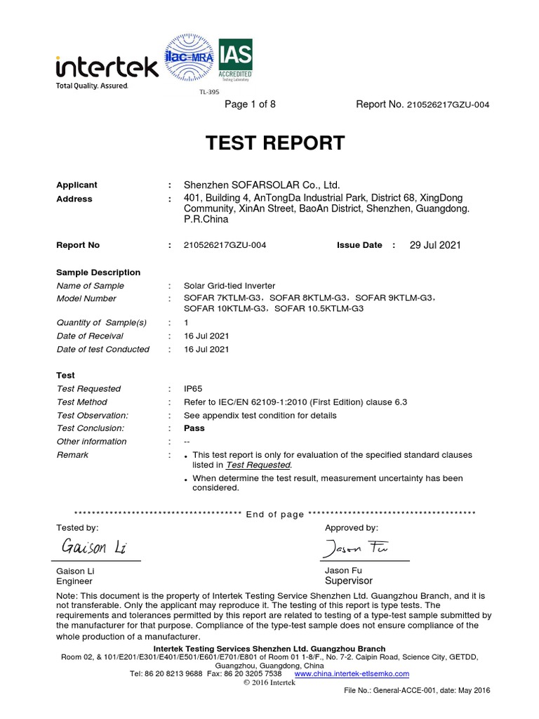 7-10.5K - IP65 Report | PDF | Ac Power | Alternating Current