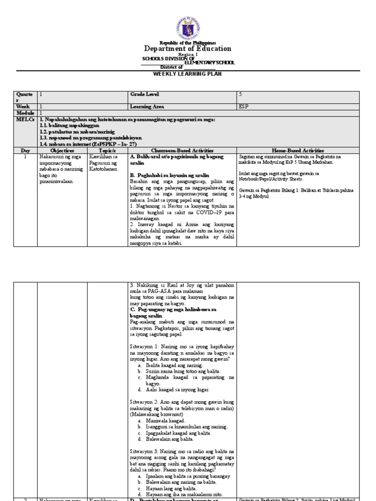 Weekly Learning Plan | PDF