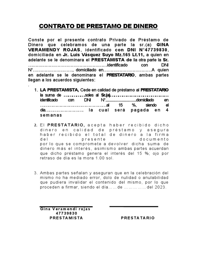 Contrato de Prestamo de Dinero | PDF