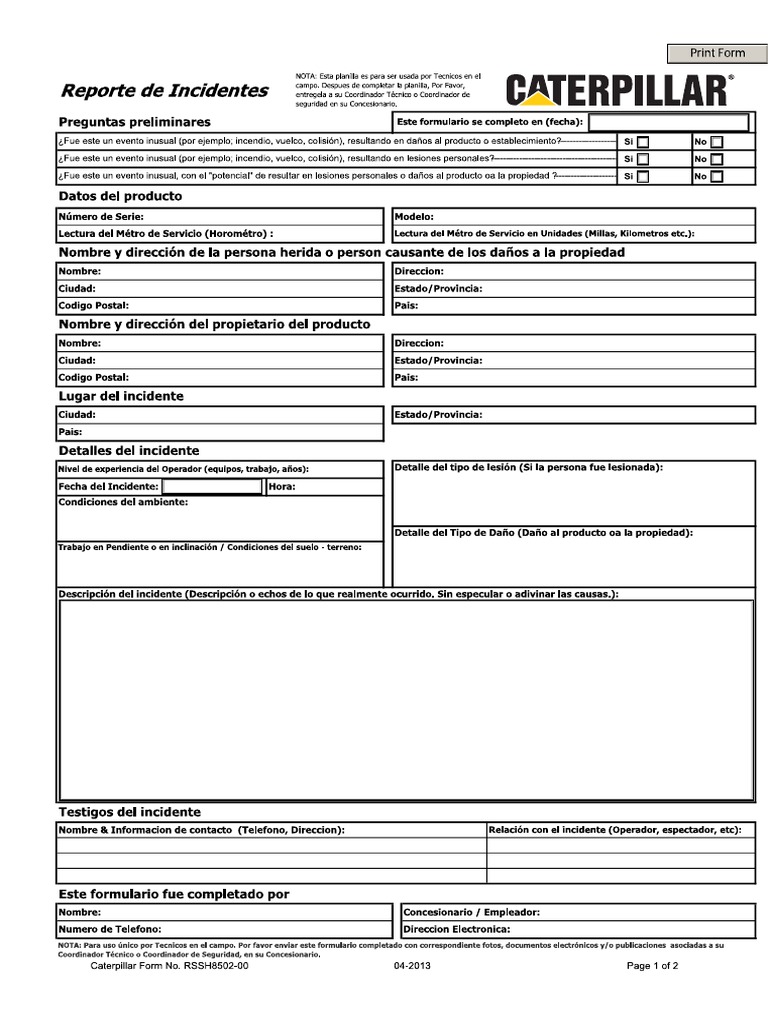Reporte de Incidente Caterpillar | PDF