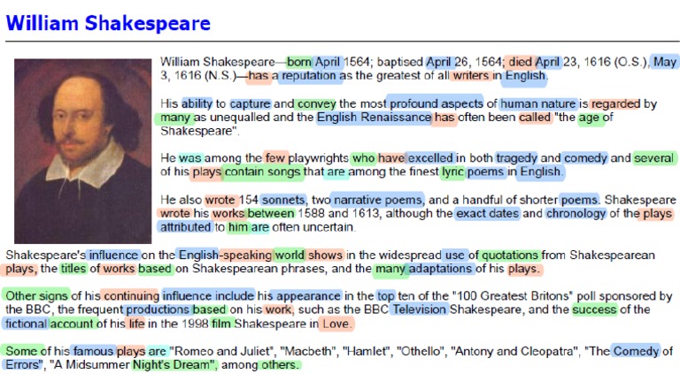 Reading Comprehension William Shakespeare | PDF