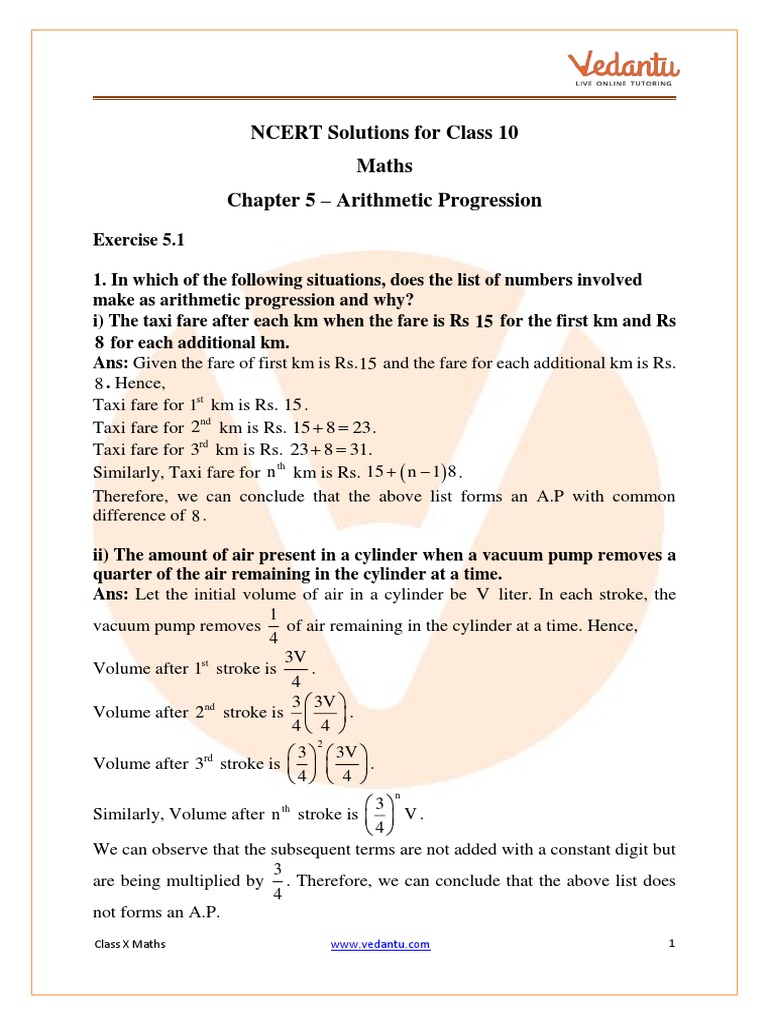 NCERT Solutions For Class 10 Maths Chapter 5 Arithmetic Progression (Ex 5.1) Exercise 5.1 | PDF ...