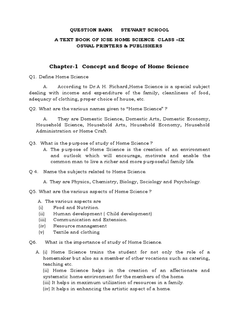 QUESTION BANK Class 9 HOME SCIENCE SUPRIYA STEWART SCHOOL 1 2 | PDF ...