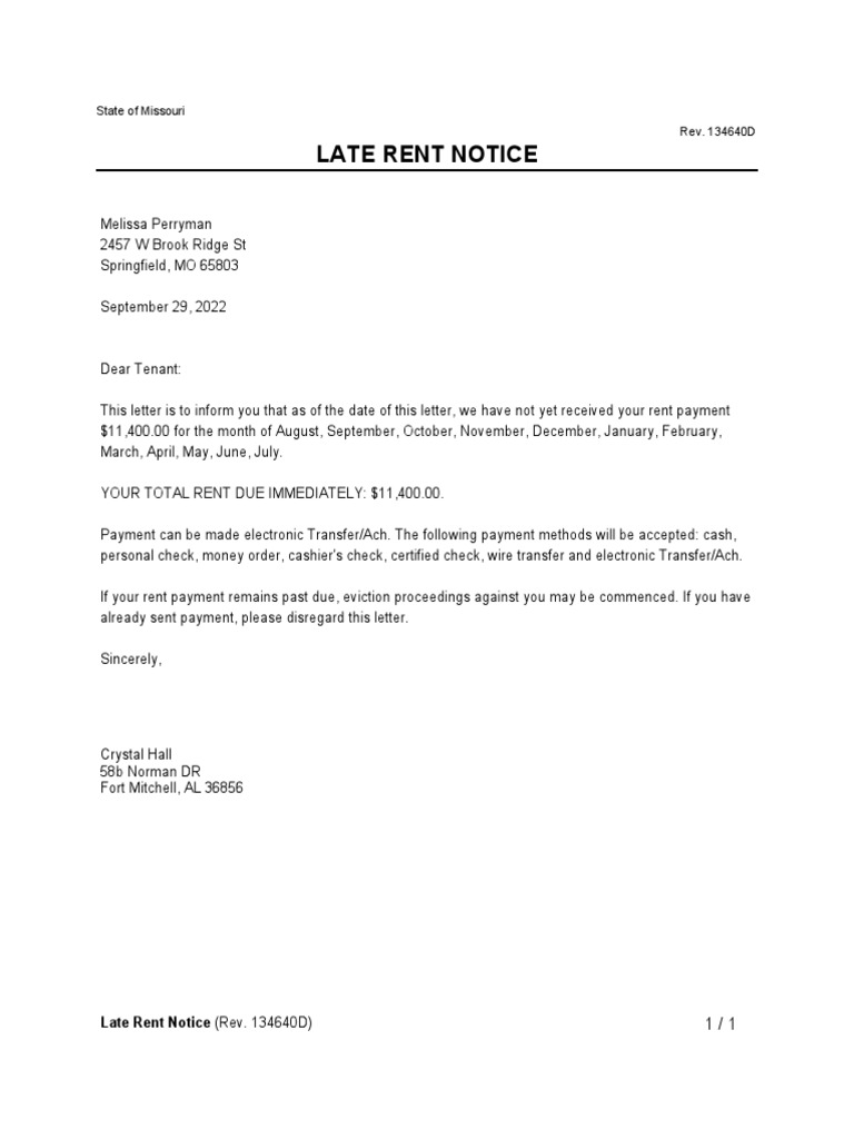 Late Rent Notice | PDF | Eviction | Leasehold Estate
