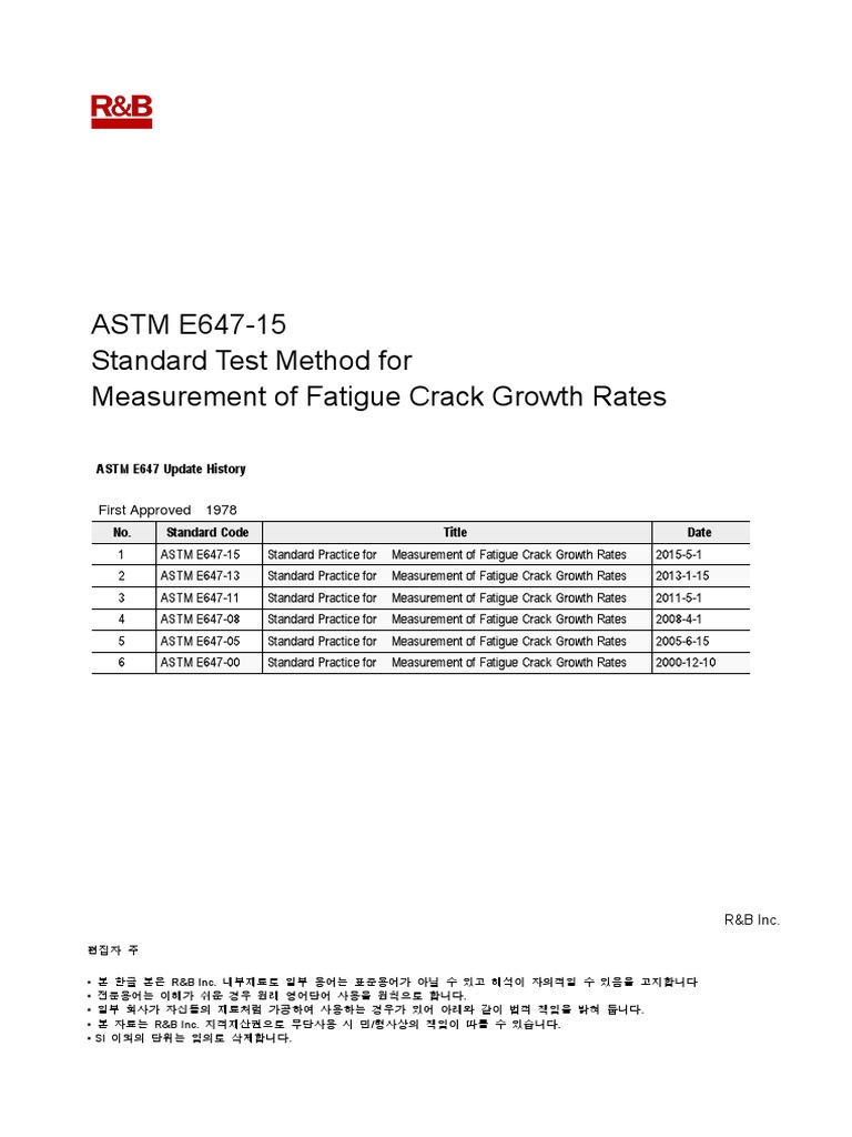 ASTM E647 15 Measurement of Fatigue Crack Growth Rates 한글 | PDF