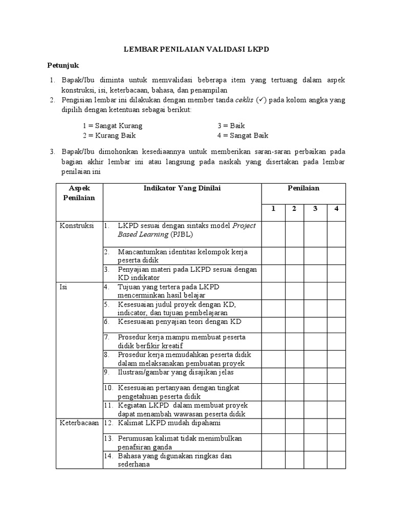 Lembar Penilaian Validasi Lkpd | PDF
