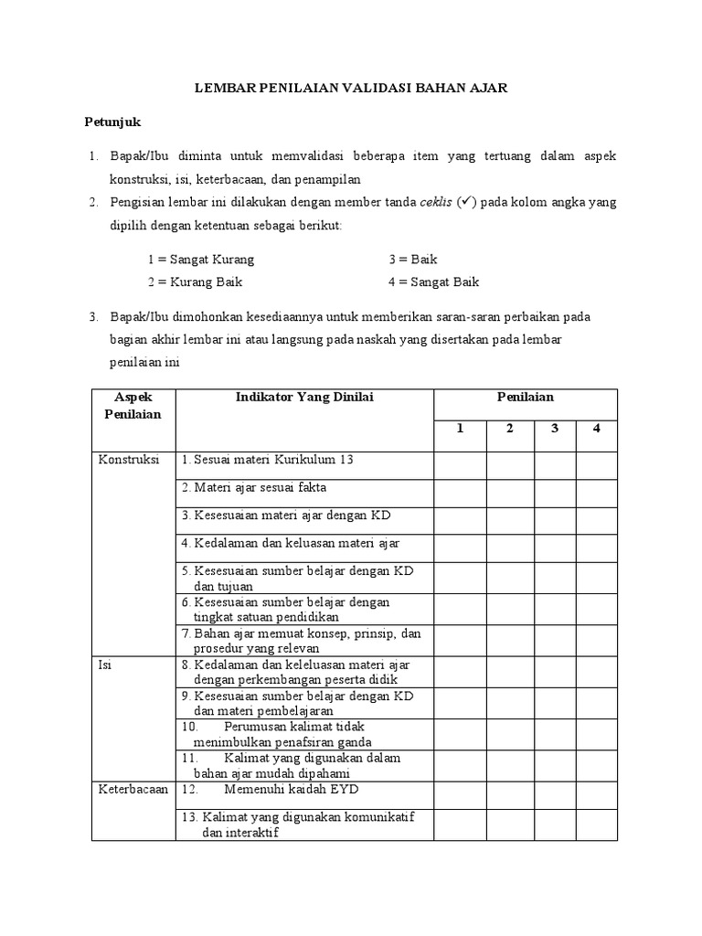 Lembar Penilaian Validasi Bahan Ajar | PDF Lembar Penilaian Validasi Bahan Ajar | PDF