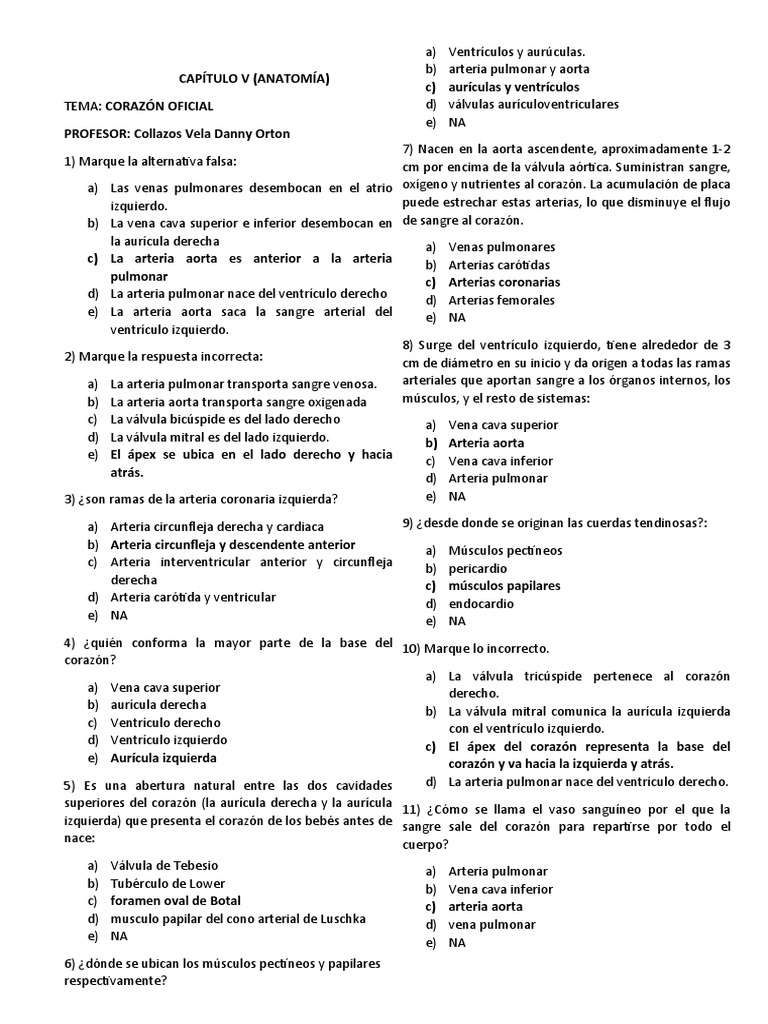 Anatomía del Corazón: Preguntas Clave | PDF | Aorta | Ventrículo (corazón)