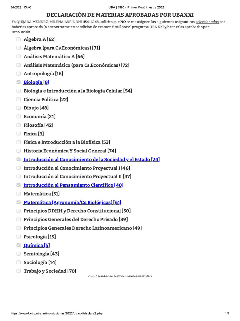 UBA - CBC - Primer Cuatrimestre 2022 ° Declaracion de Materias | PDF