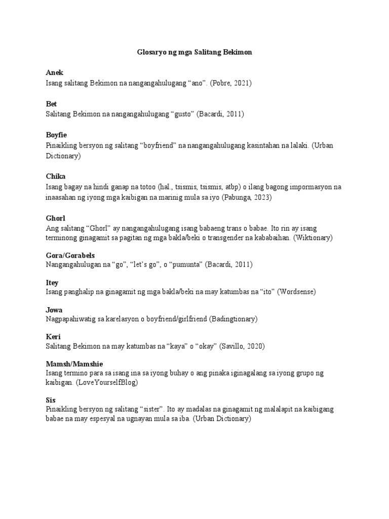 Glosaryo NG Mga Salitang Bekimon | PDF