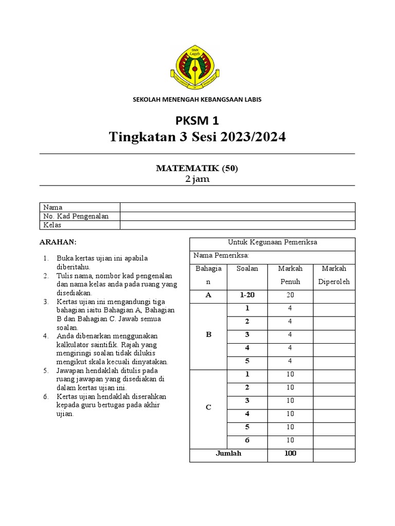 Cover Soalan PKSM 1 Ting 3 2023 | PDF