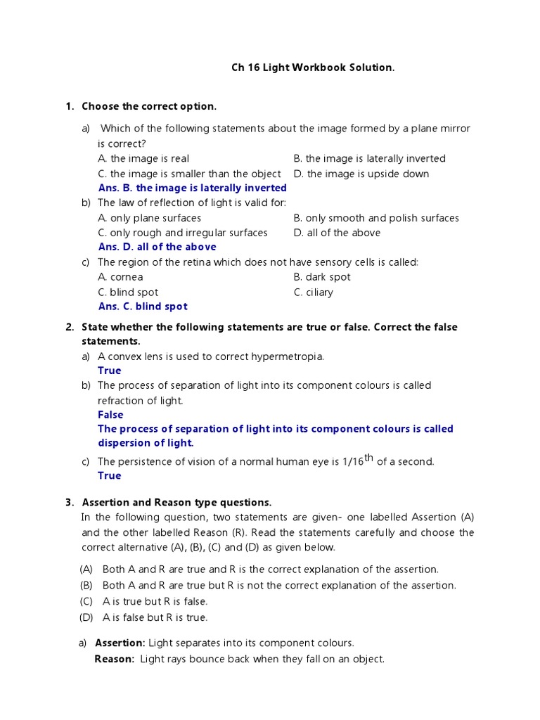Workbook Solution Light Pdf Reflection Physics Eye
