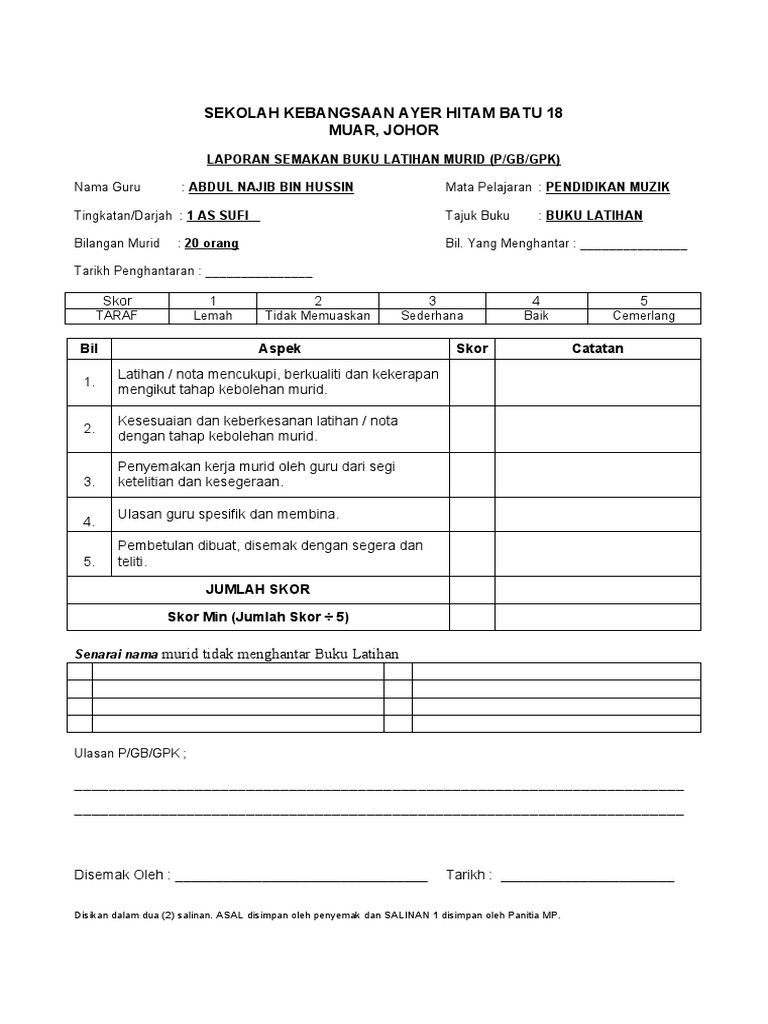 BORANG SEMAKAN BUKU LATIHAN | PDF BORANG SEMAKAN BUKU LATIHAN | PDF