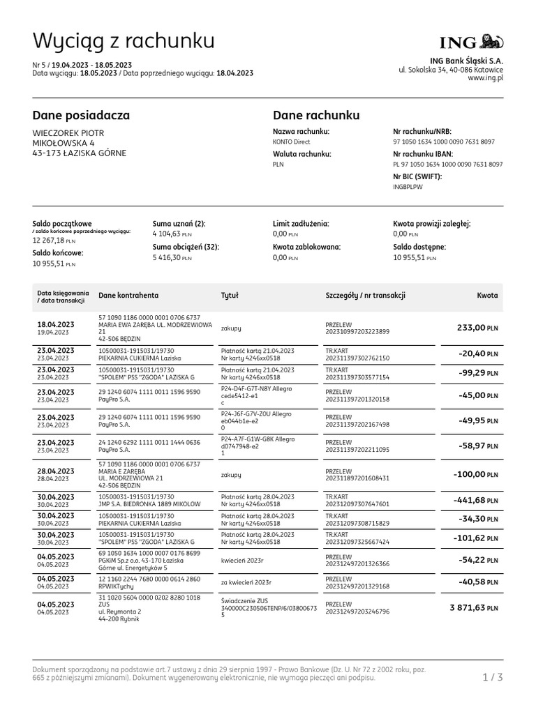 Wyciąg Z Rachunku: Dane Posiadacza Dane Rachunku | PDF