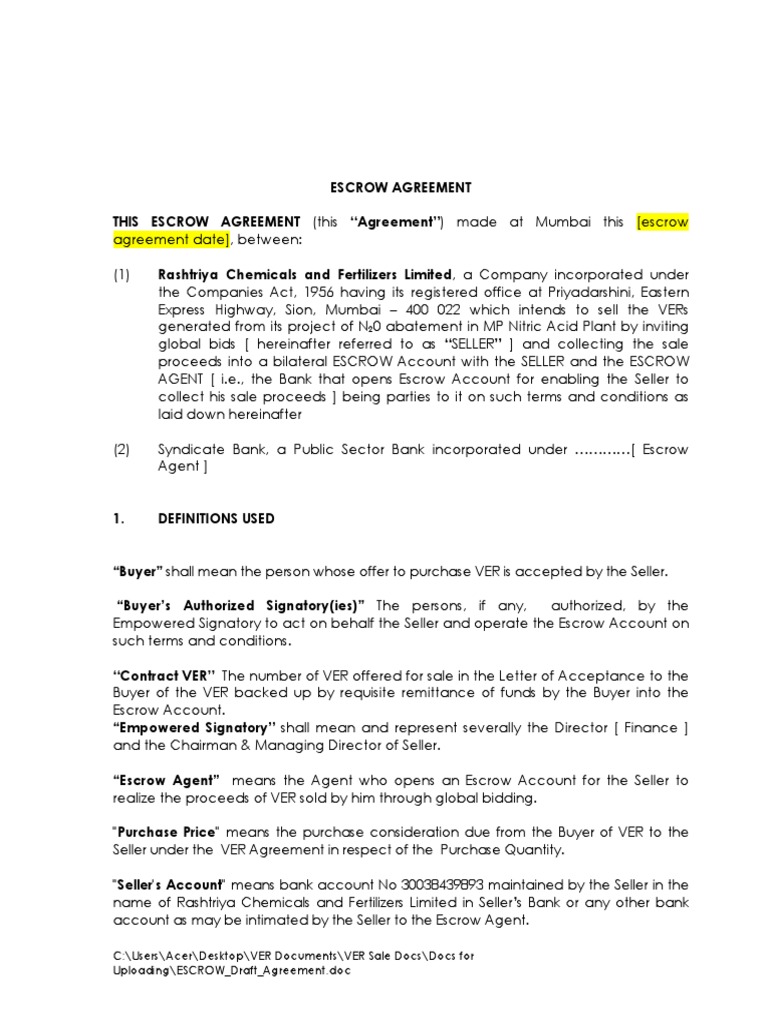 ESCROW - Draft - Agreement Rashtriya Chemicals | PDF | Legal Liability ...