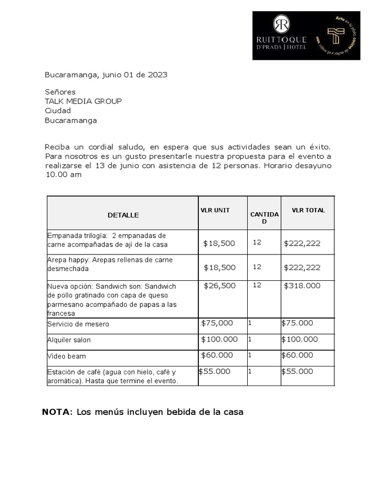 COTIZACION - Docx (2) - 1-2 | PDF | Comida y bebida | Cocina