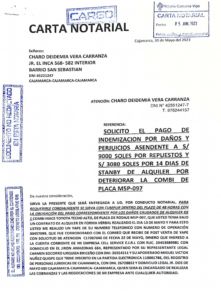 Carta Notarial Charo Vera Carranza | PDF