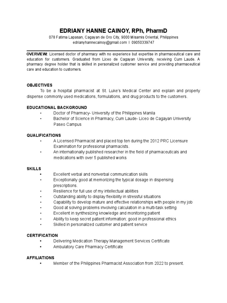 Work Immersion Resume | PDF | Pharmacy | Pharmacist